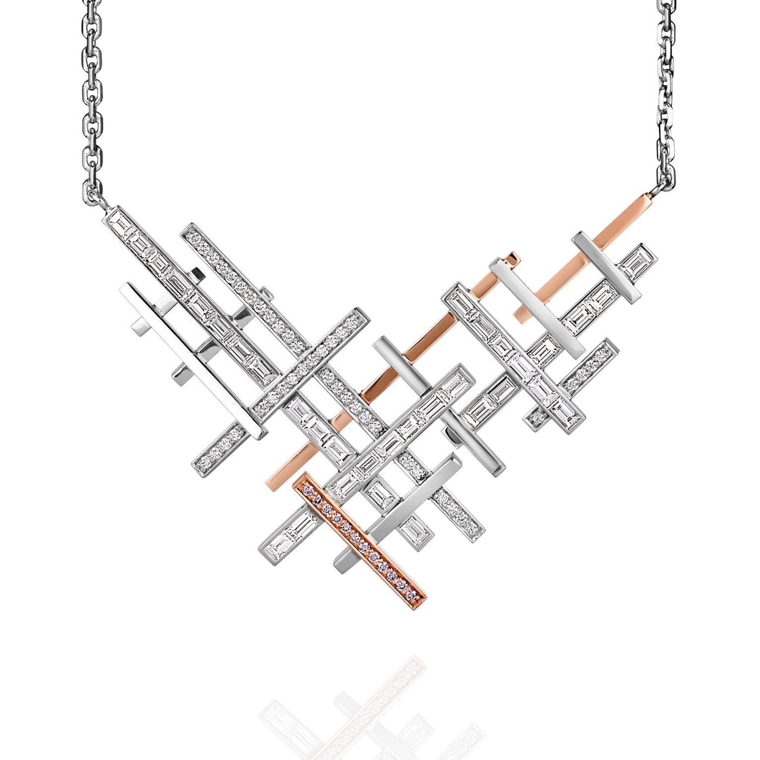 Collier with baguette cut and round brilliant cut white and argyle pin – Mondial by Nadia