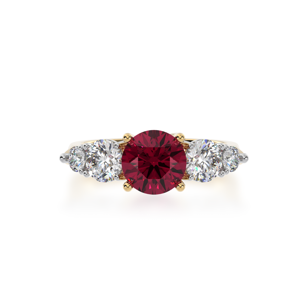 Five stone round brilliant cut ruby and diamond ring on yellow gold ba – Mondial by Nadia
