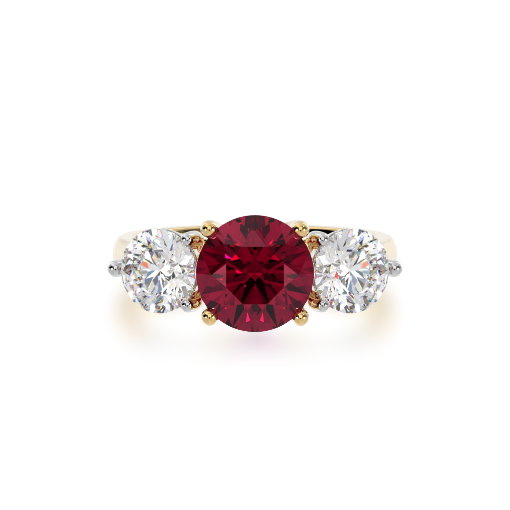 Trilogy round brilliant cut ruby and diamond ring on yellow gold band – Mondial by Nadia
