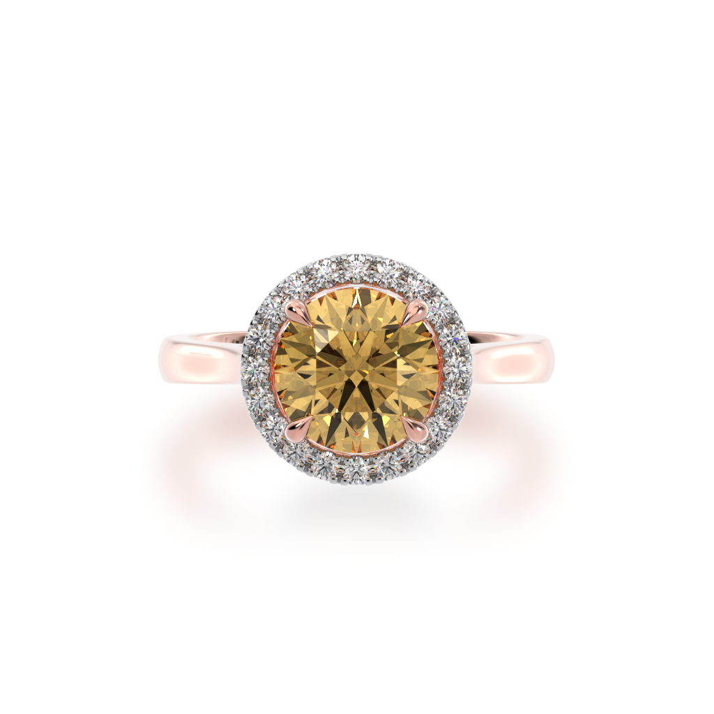 Round brilliant cut champagne diamond halo engagement ring on rose gol ...